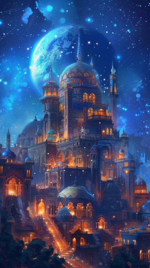 A Celestial Palace with the Fantasy Blue Moon Stock Illustration ...