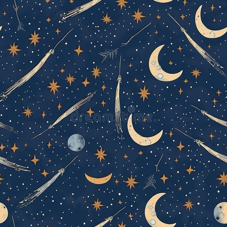 Celestial Pattern with Moons, Stars, and Comets on Navy Background ...