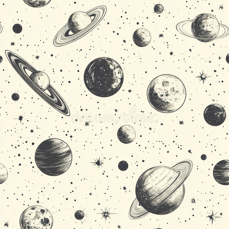 Celestial Pattern with Planets and Stars in Black and White Design ...
