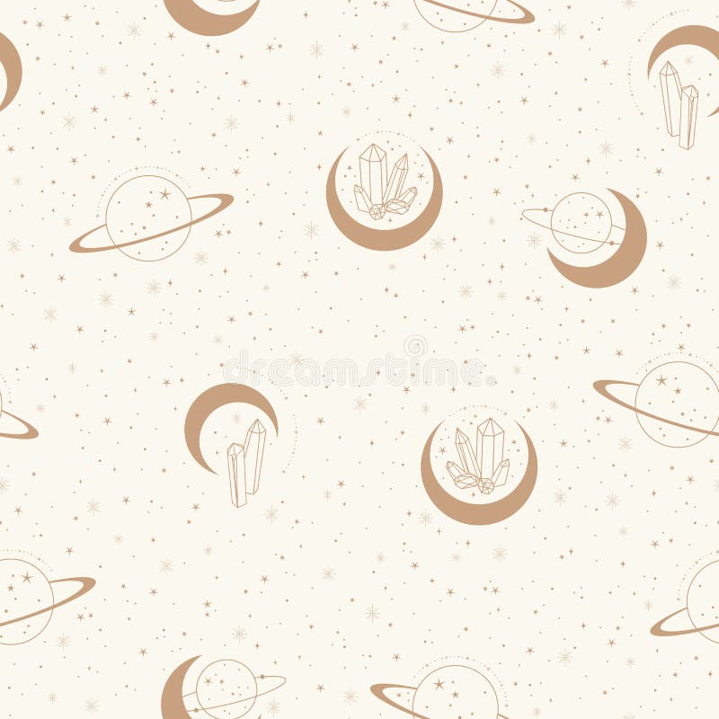 Celestial Pattern Repeat with Moon and Planet Illustrations in Gold ...