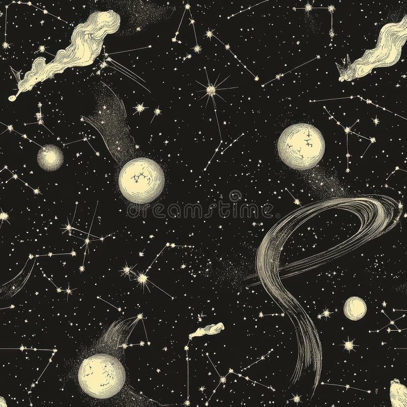 Celestial Pattern with Stars, Planets, and Comets on Dark Background ...