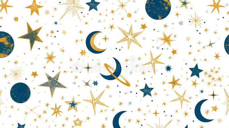 A Celestial Pattern with Stars, Planets, and Moons in Gold and Blue ...