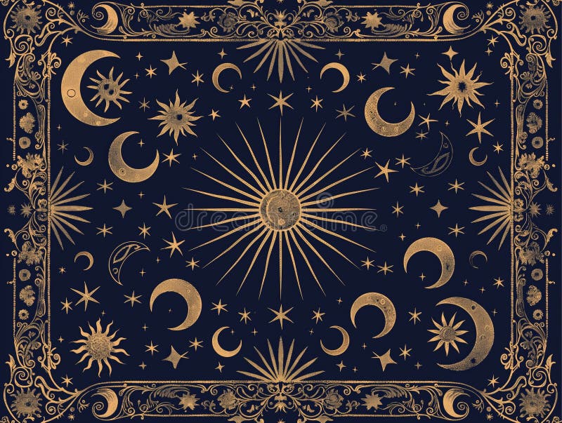 Elegant Celestial Symbols and Mystical Gold Designs on Dark Background ...