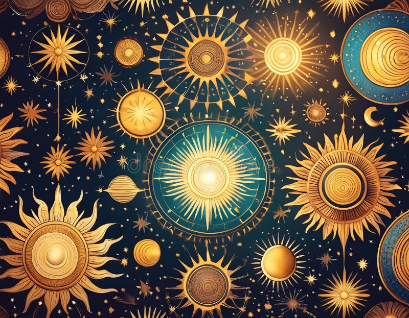 Celestial Pattern with Suns, Moons, and Stars on a Dark Background ...