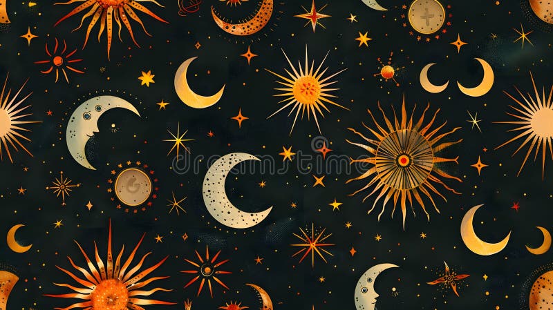 Celestial Pattern with Suns Moons and Stars on a Dark Background Stock ...