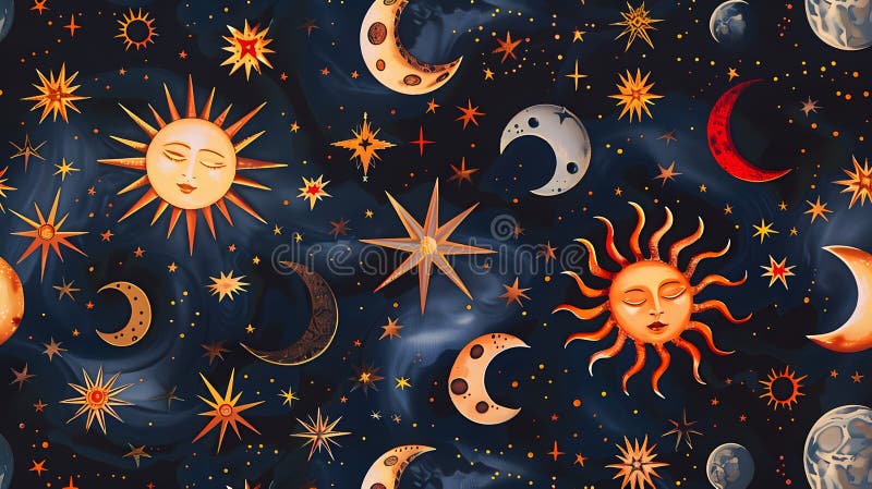 Celestial Pattern with Suns Moons and Stars on a Dark Background Stock ...
