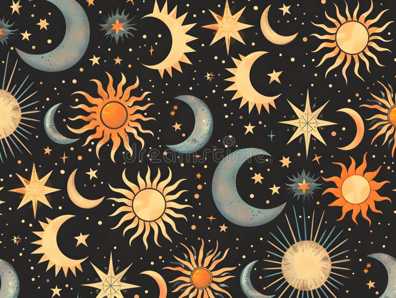 Celestial Pattern with Suns Moons and Stars on a Dark Background Stock ...