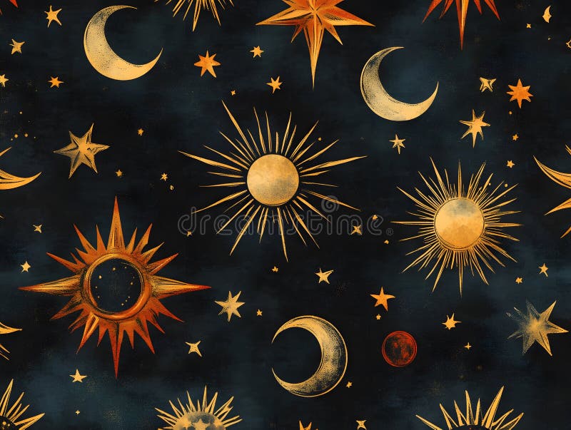 Celestial Pattern with Suns Moons and Stars on a Dark Background Stock ...