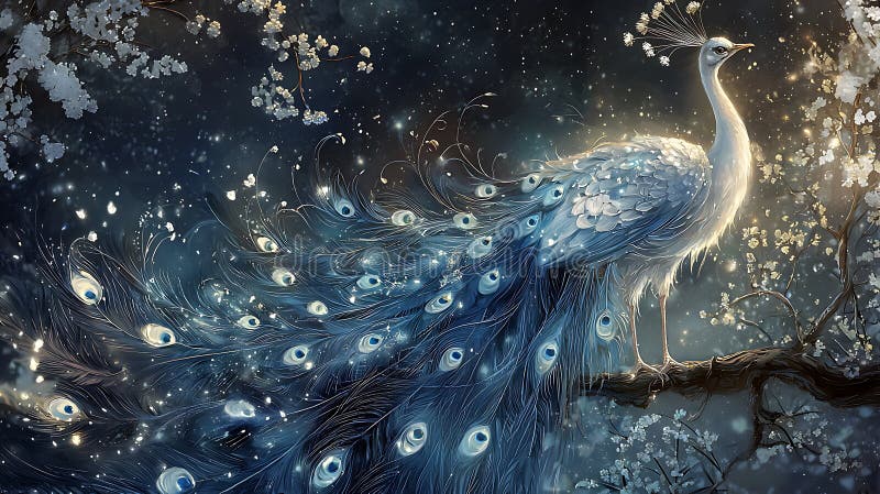 A Celestial Peacock with Silver Feathers Reflecting Moonlight in a ...