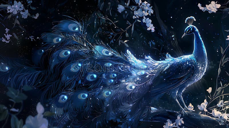 A Celestial Peacock with Silver Feathers Reflecting a Mystical Moonlit Night in an Enchanted ...