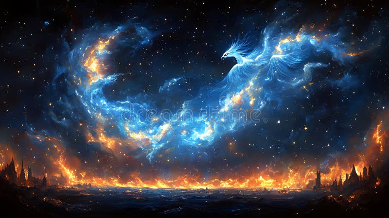 Celestial Phoenix Rises from Fiery City, Amidst Starry Night Stock ...