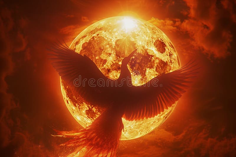 A Celestial Phoenix Rising from the Ashes Under a Lunar Eclipse Stock ...