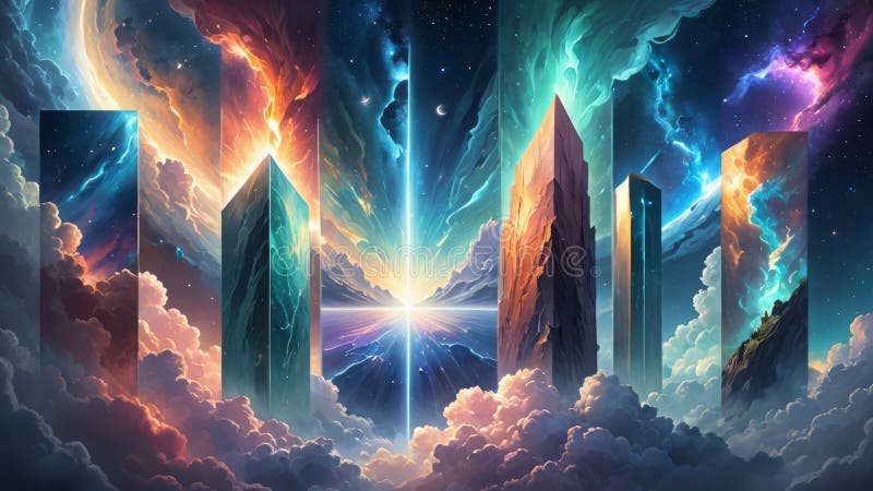 Celestial Pillars Rising through Clouds, Set in a Vibrant, Cosmic ...