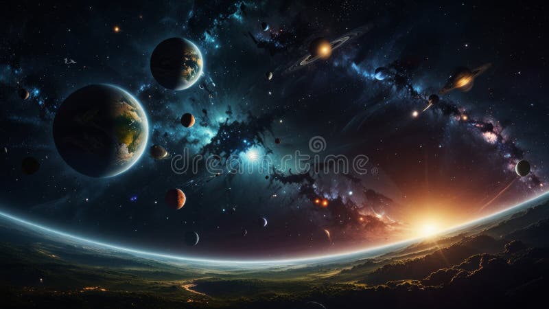 Celestial Planetary Alignment at Dusk Stock Illustration - Illustration ...