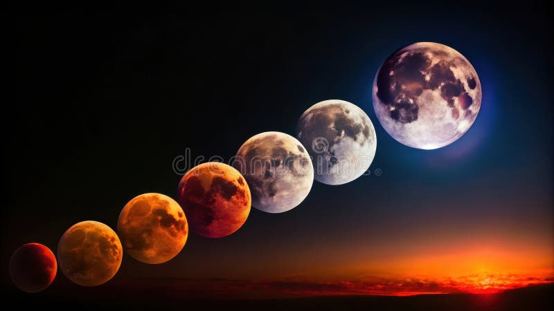 Celestial Progression a Captivating Sequence of Lunar Phases Against a Fiery Sunset Horizon ...