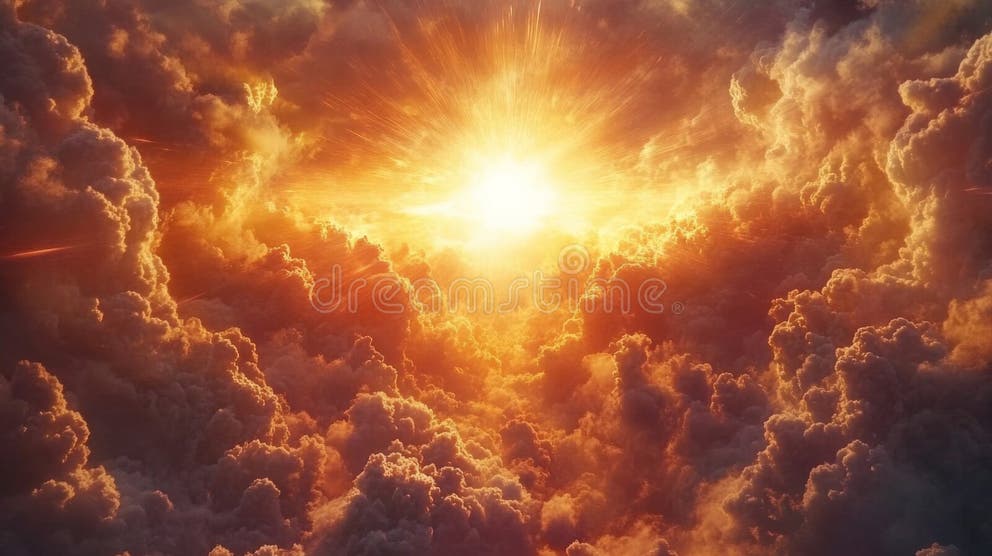 Celestial Radiance a Bright Sunburst through Golden Clouds Stock ...