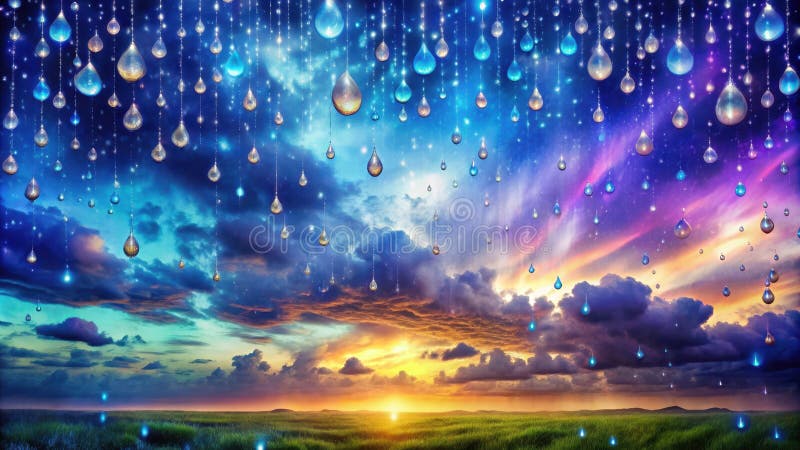 Celestial Rain a Dreamlike Sunset Landscape with Glowing Drops ...