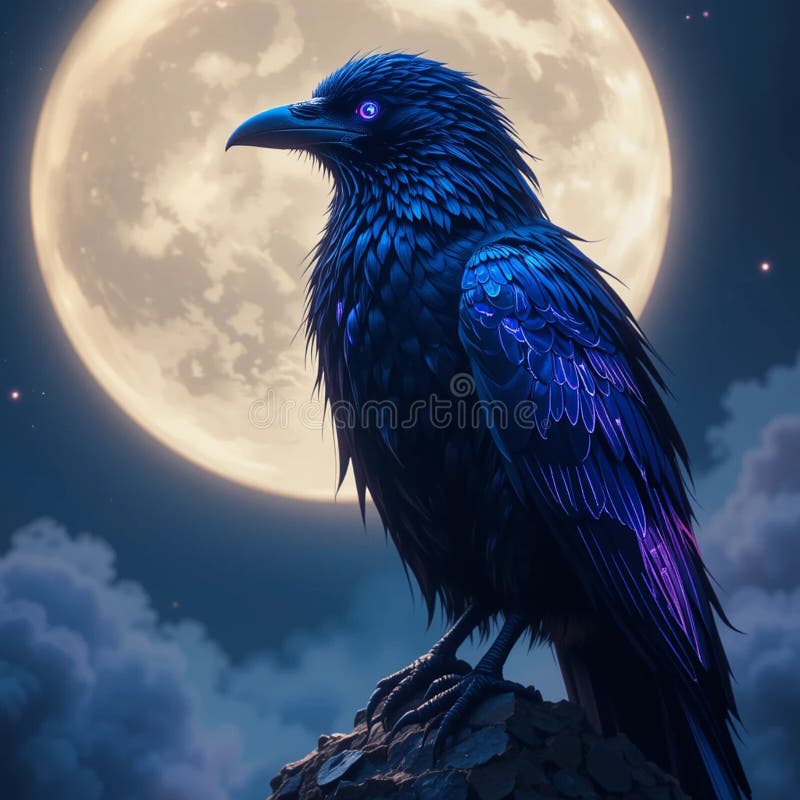 A Celestial Raven with Deep Blue and Violet Glowing Feathers, Perched ...