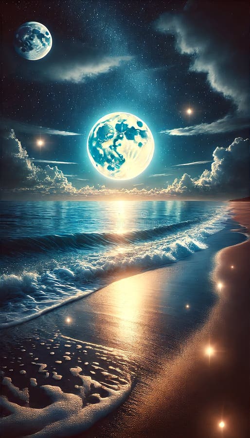 Celestial Reflections: Double Moons Over Ocean Waves Stock Photo ...
