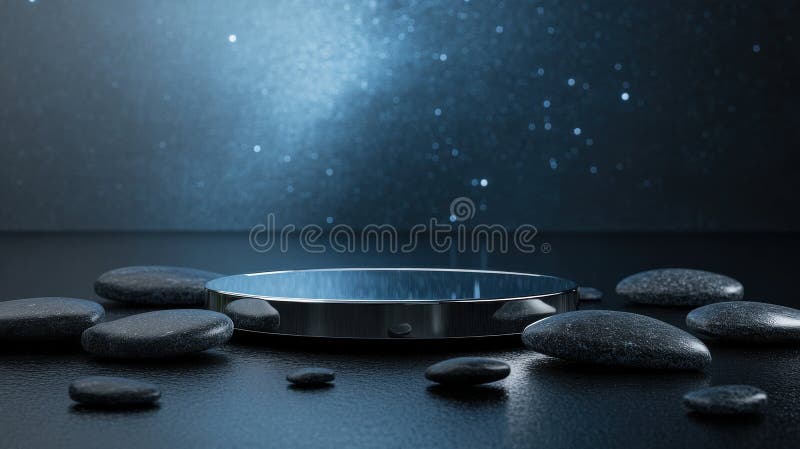 Celestial Reflections: Futuristic Mirror and Smooth Stones on Dark ...