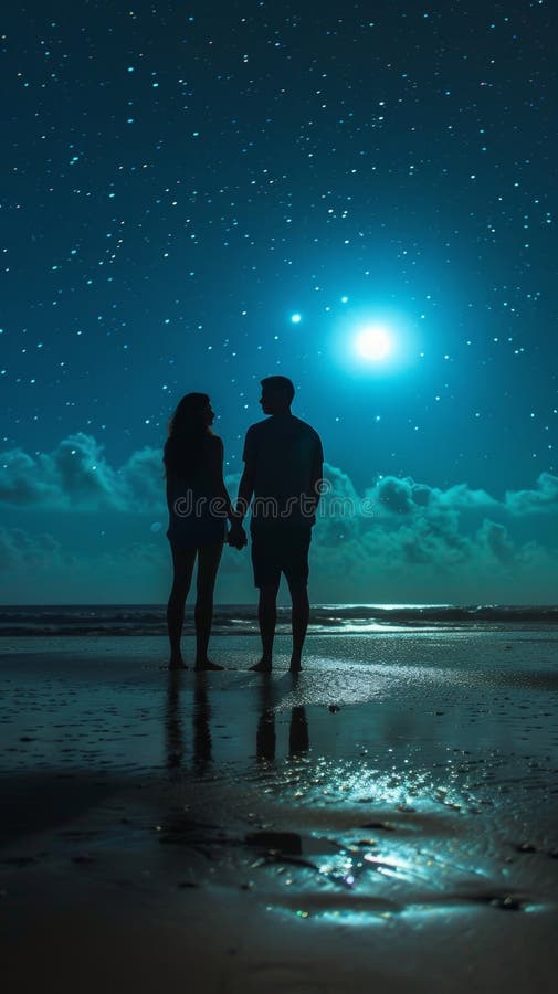 Celestial Romance on a Midnight Shore Stock Illustration - Illustration ...