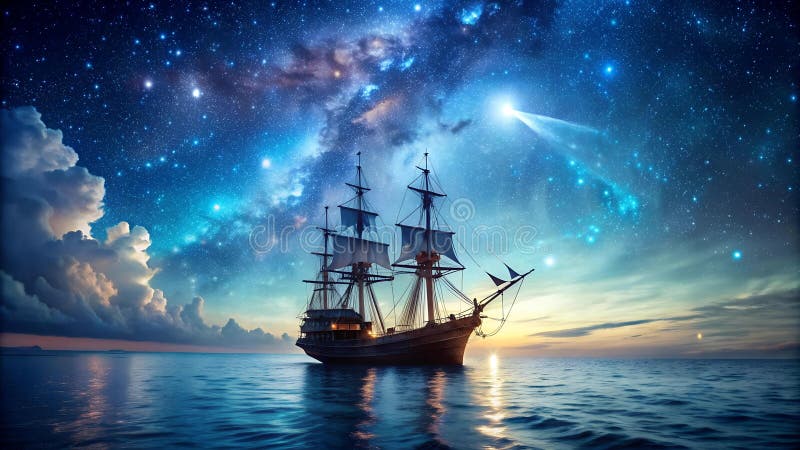 Celestial Sails: a Pirate Ship Navigates a Bioluminescent Sea ...