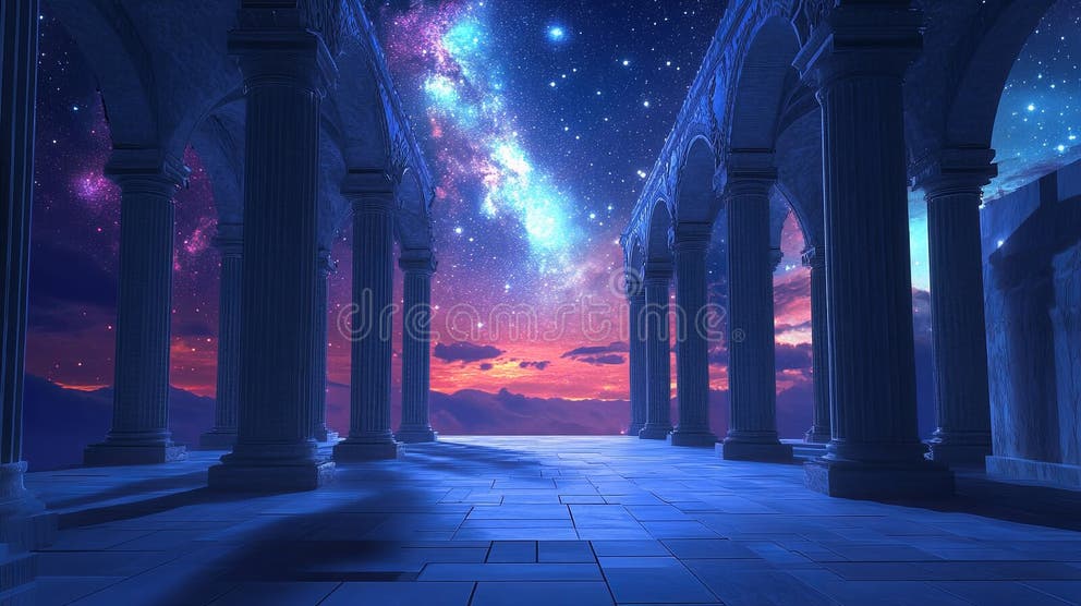 A Celestial Sanctuary with Glowing Pillars and a Starry Sky Visible ...