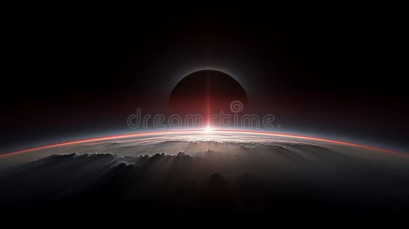 A Celestial Scene Depicts a Solar Eclipse Over a Planet S Horizon. the ...