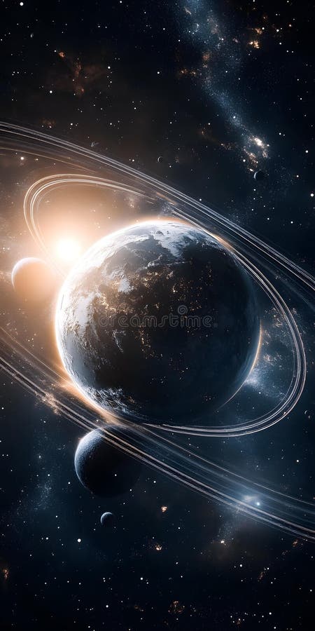 Celestial Scene with Illuminated Planet and Ring System Stock ...