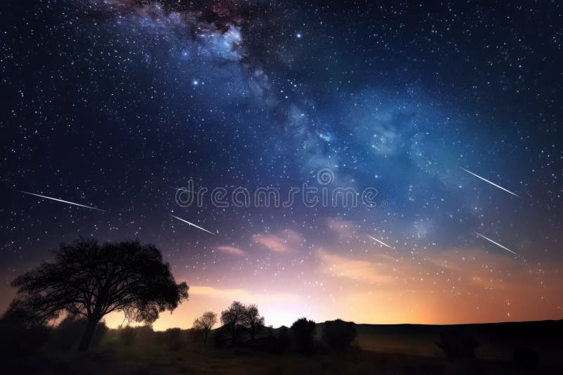 A Celestial Scene with a Meteor Shower, Stars and Planets Visible in ...