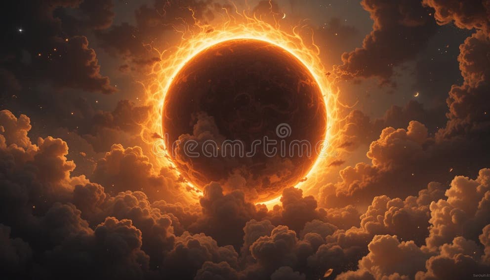 A Celestial Scene Showcases a Fiery Eclipse with a Central Dark Orb ...