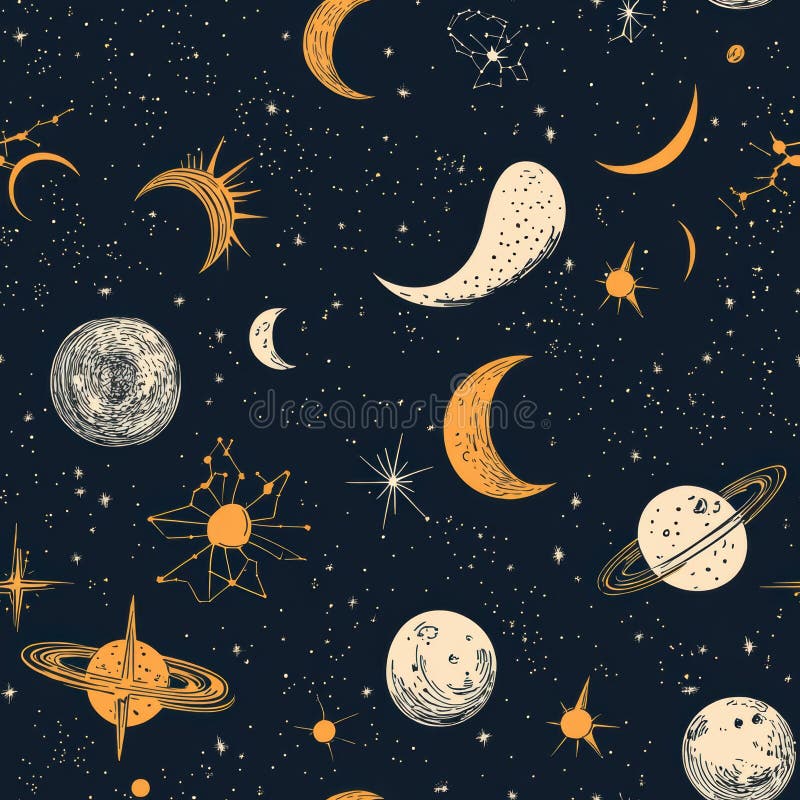 Celestial Seamless Pattern with Moons and Stars Stock Illustration ...