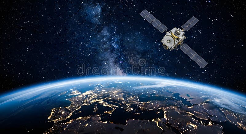 Celestial Sentinel: Satellite Orbiting Earth Beneath Stock Illustration ...