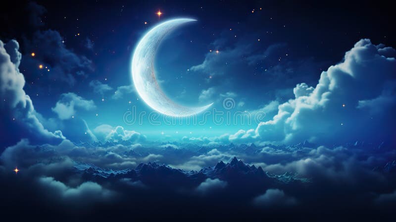 Celestial Serenity Romantic Moon in a Starry Night Sky Over Clouds ...