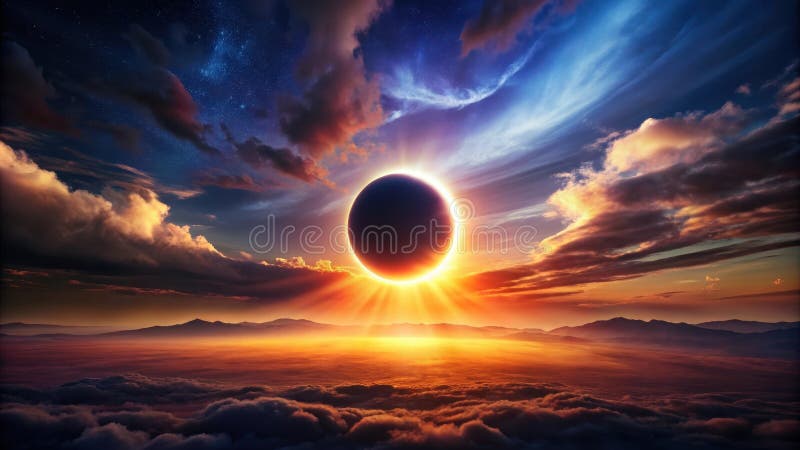 A Celestial Spectacle a Total Solar Eclipse Over a Mountain Range at Sunset, with a Vibrant Sky ...
