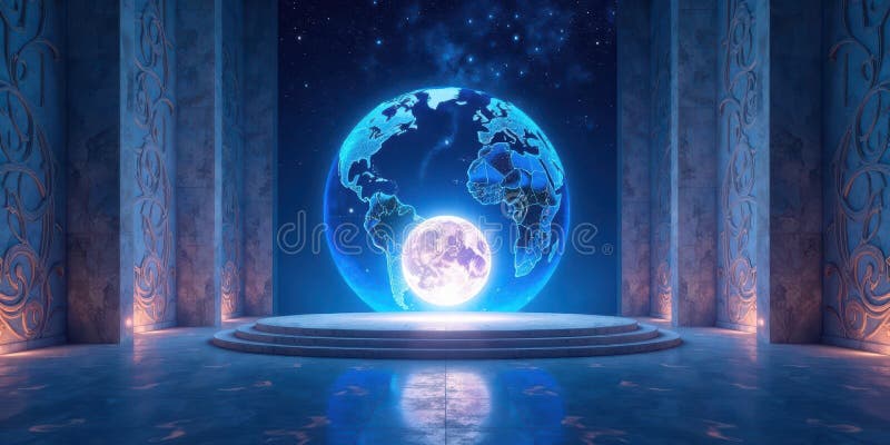 A Celestial Sphere and Moon Illuminate an Ornate Marble Platform in a ...
