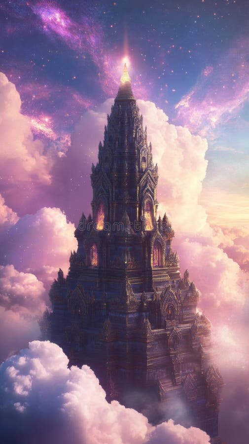 Celestial Spire, a Towering Structure Above Clouds, Glowing with Divine ...