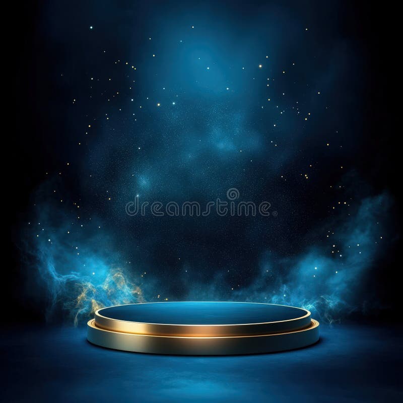 Celestial Stage: Elegant Gold and Blue Podium with Nebula Background ...