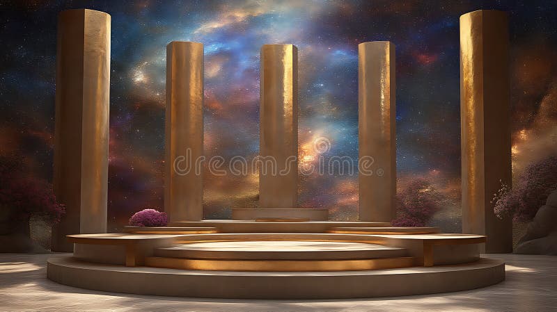 Celestial Stage with Golden Pillars and Plants Stock Illustration ...