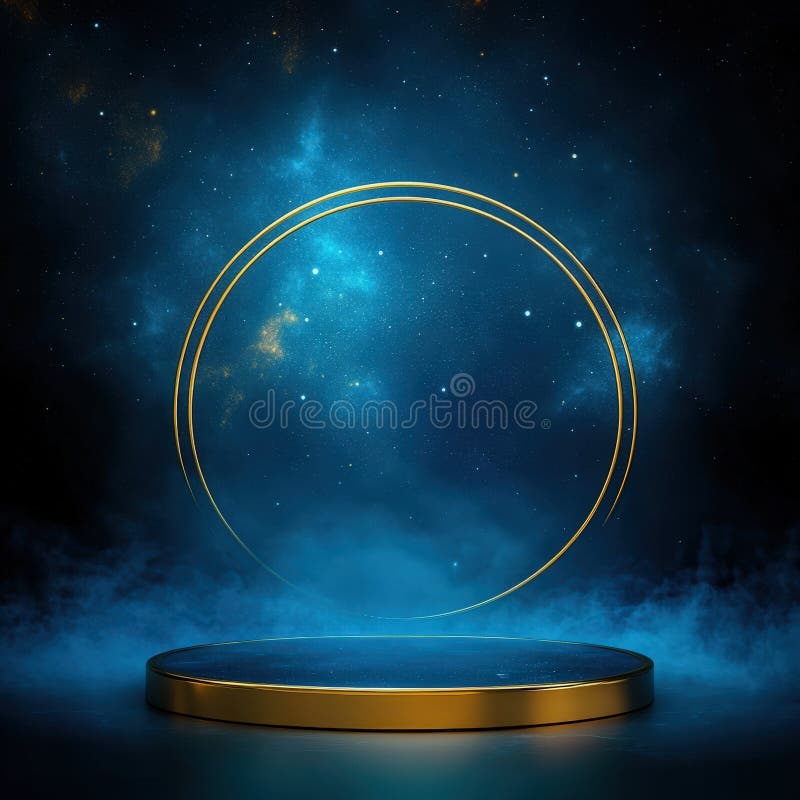 Celestial Stage: Golden Ring and Blue Nebula Product Display. Stock ...