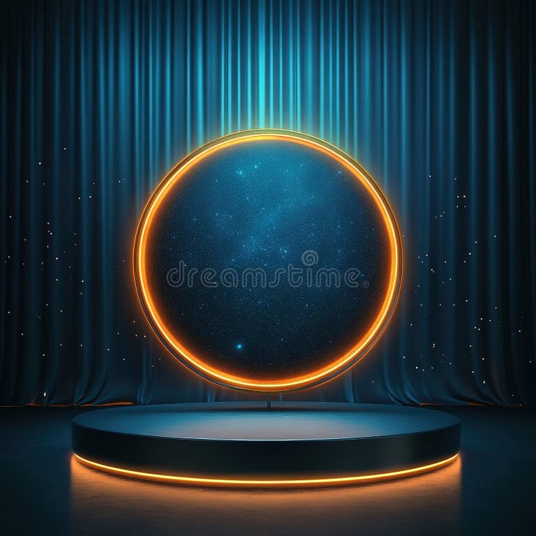 Celestial Stage: Illuminated Circular Display with Cosmic Background ...