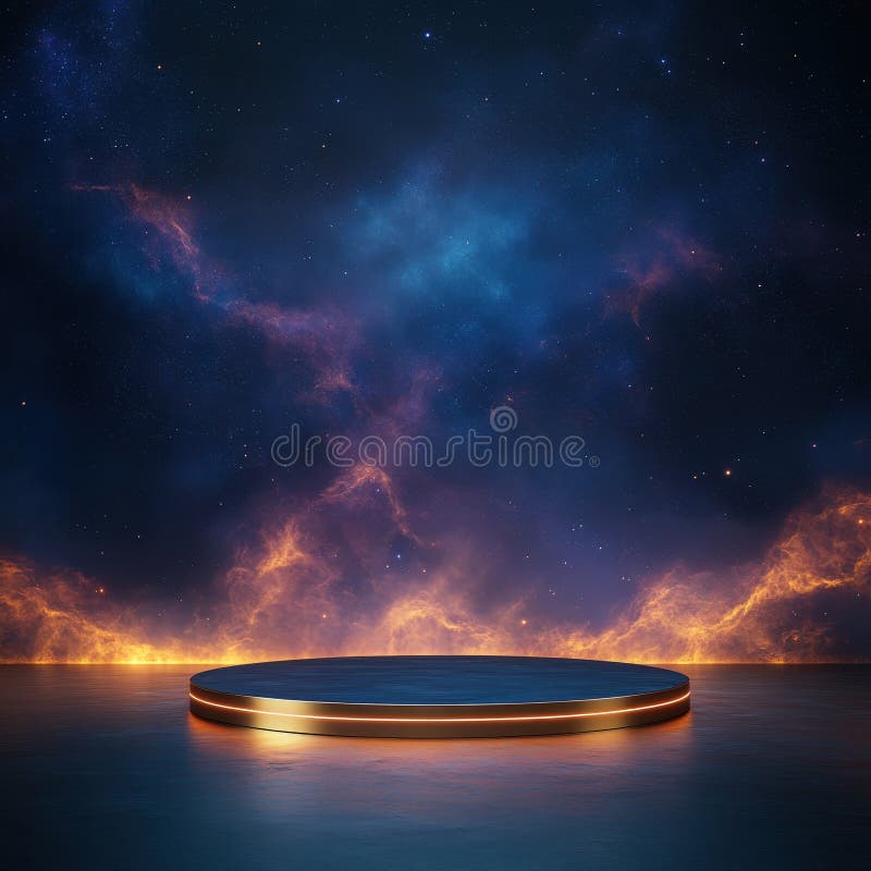 Celestial Stage: Illuminated Platform Against a Cosmic Nebula Backdrop ...