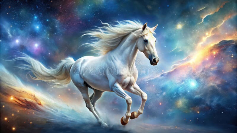 Celestial Stallion a White Horse Gallops through a Cosmic Nebula ...