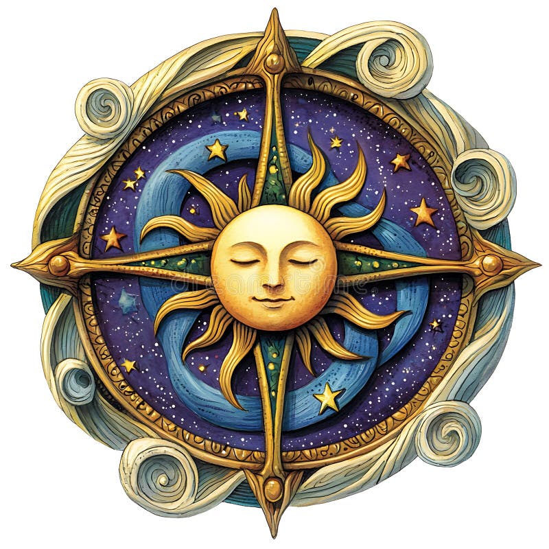 Celestial Sun Compass Mystical Artwork of the Sun Moon and Stars Stock ...