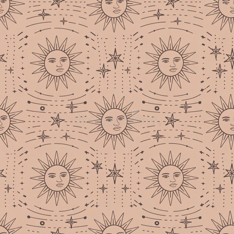 Celestial Sun Face and Stars Pattern Summer Inspired Seamless Texture ...