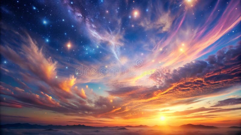 Celestial Sunset a Dramatic Panorama of Vibrant Colors and Starry Night Sky. Generative AI Stock ...