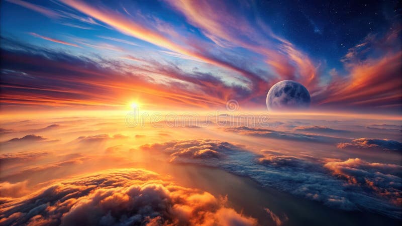 Celestial Sunset a Dreamlike Panorama of Clouds, a Distant Planet, and ...
