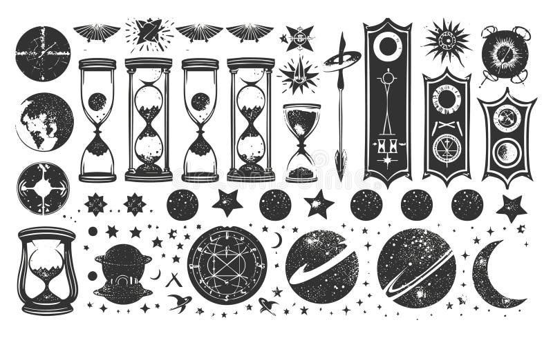 Celestial Symbols and Hourglasses with Cosmic Designs and Stars Stock ...