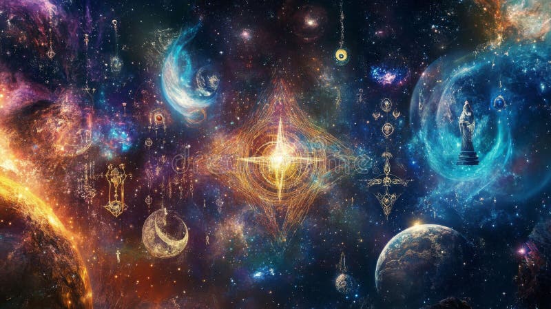 Celestial Tapestry of Ancient Symbols and Starry Wonders Stock ...