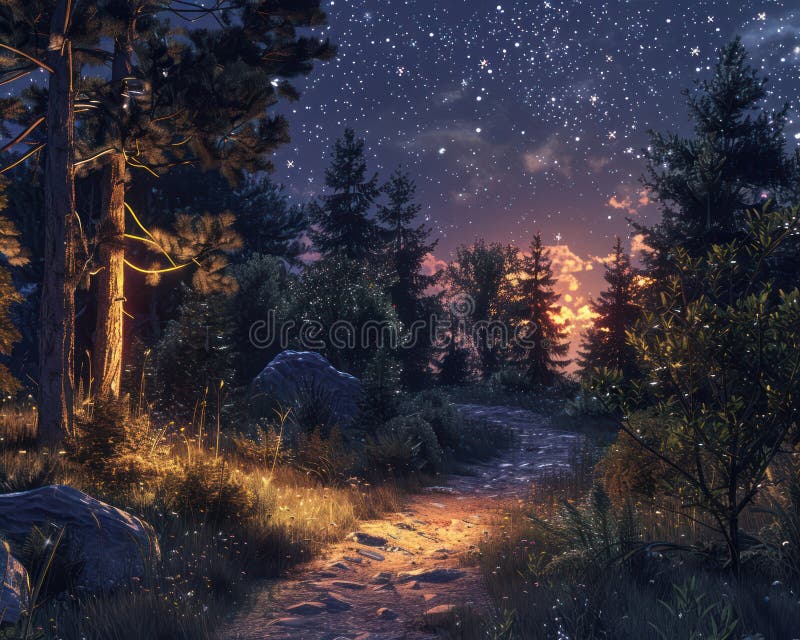 Enchanted Forest Path Under a Starry Sky a Serene and Magical Nighttime ...
